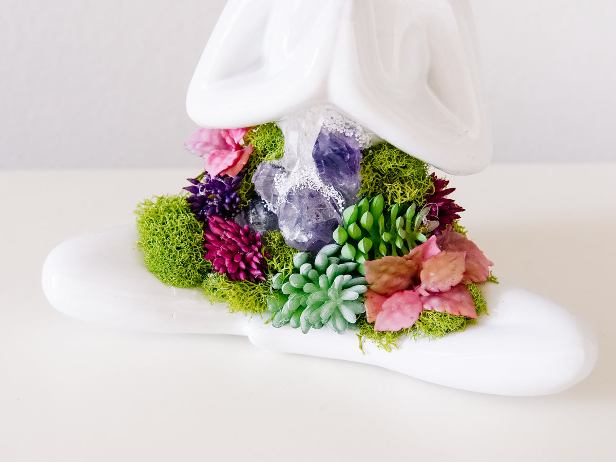 White Ceramic Yoga Pose Figurine With Crystals and Faux Succulents ...